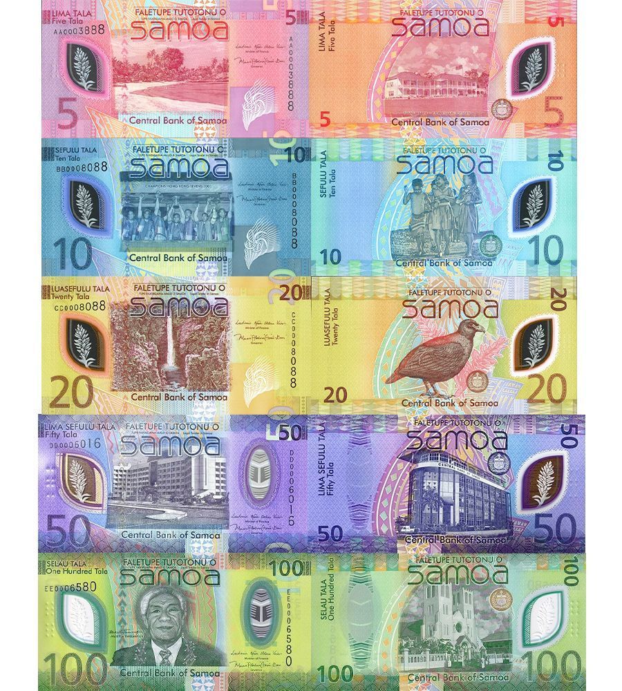 5 banknotes 5, 10, 20, 50, 100 Tala, Samoa, 2023 – 2025, UNC Polymer ...